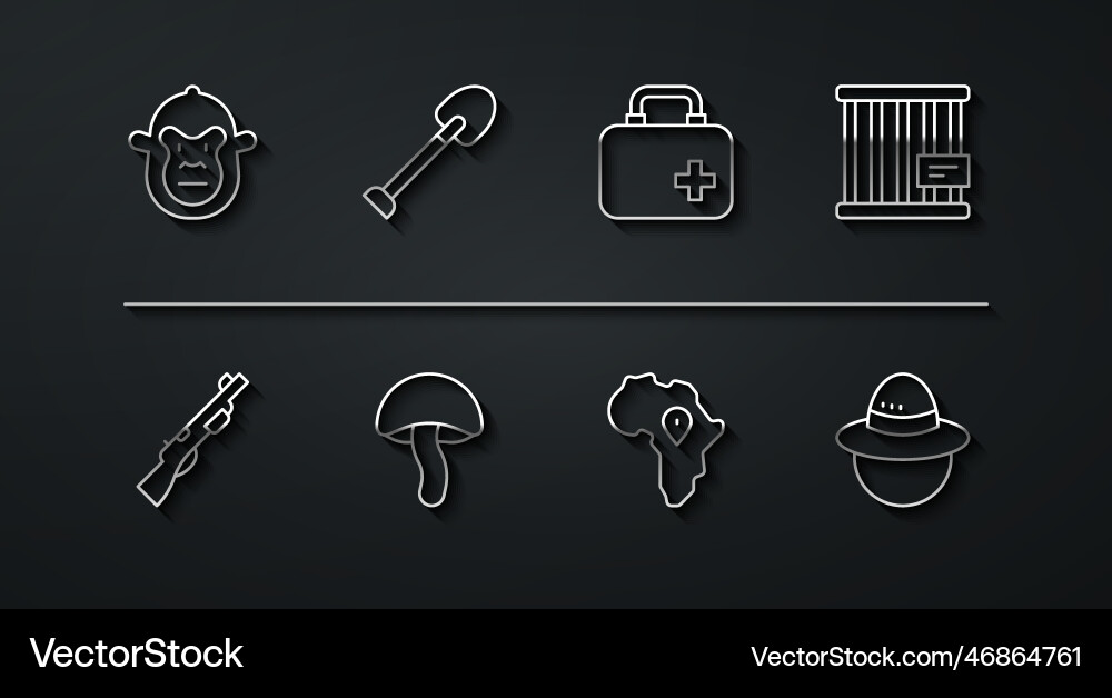 Set line monkey hunting gun animal cage map Vector Image