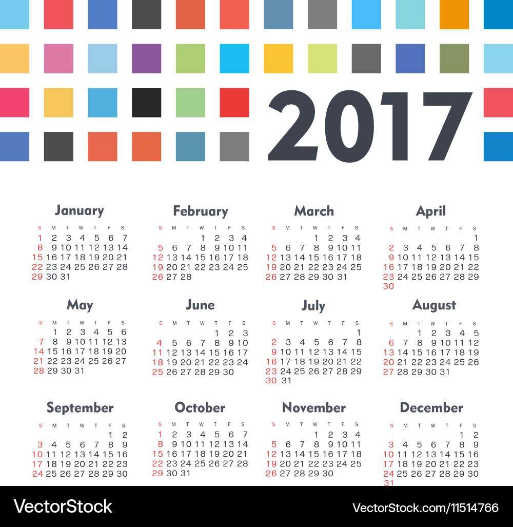 Calendar 2017 year week starts sunday Royalty Free Vector