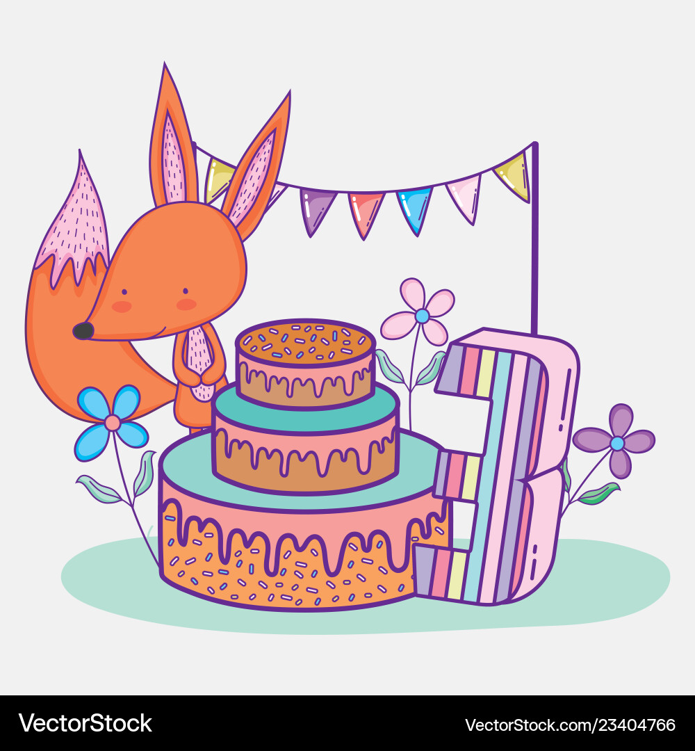 Happy fox birthday three years with cake Vector Image