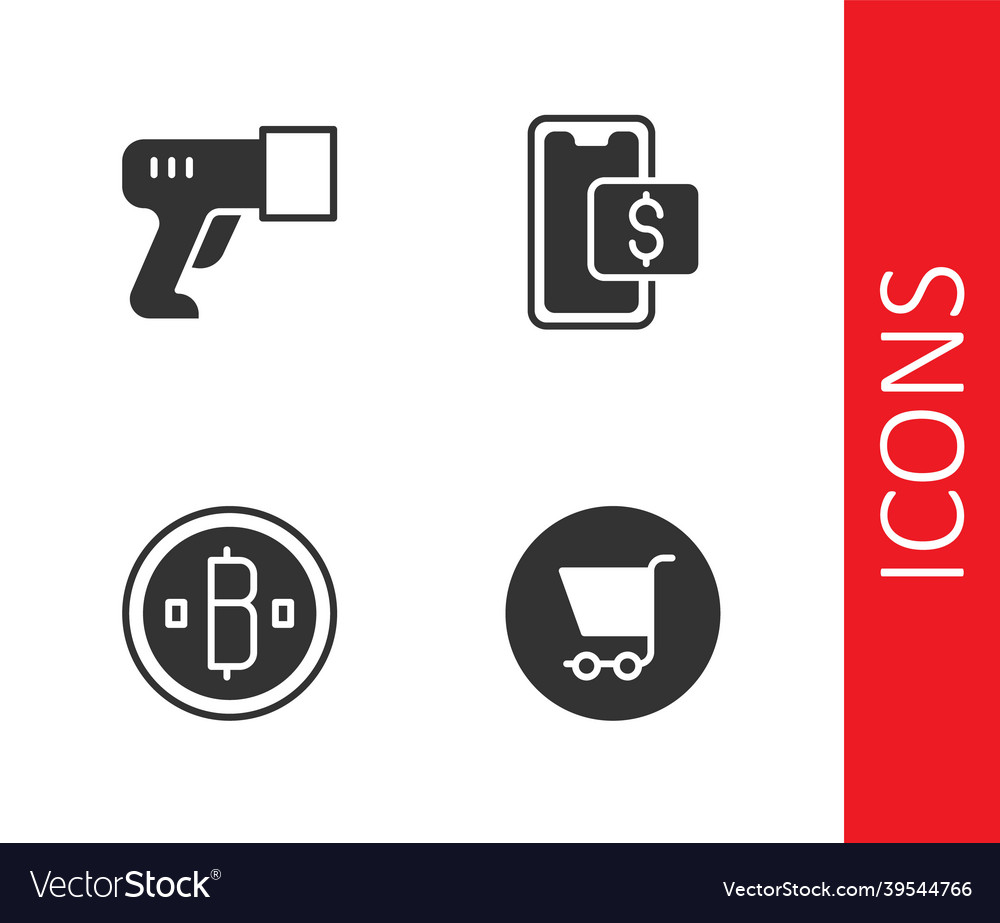 Set shopping cart scanner scanning bar code Vector Image
