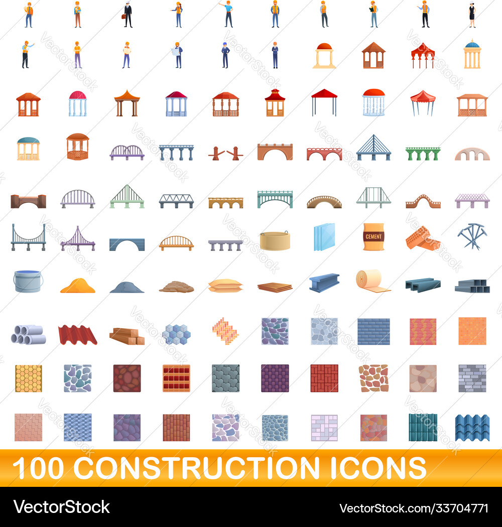 100 construction icons set cartoon style Vector Image