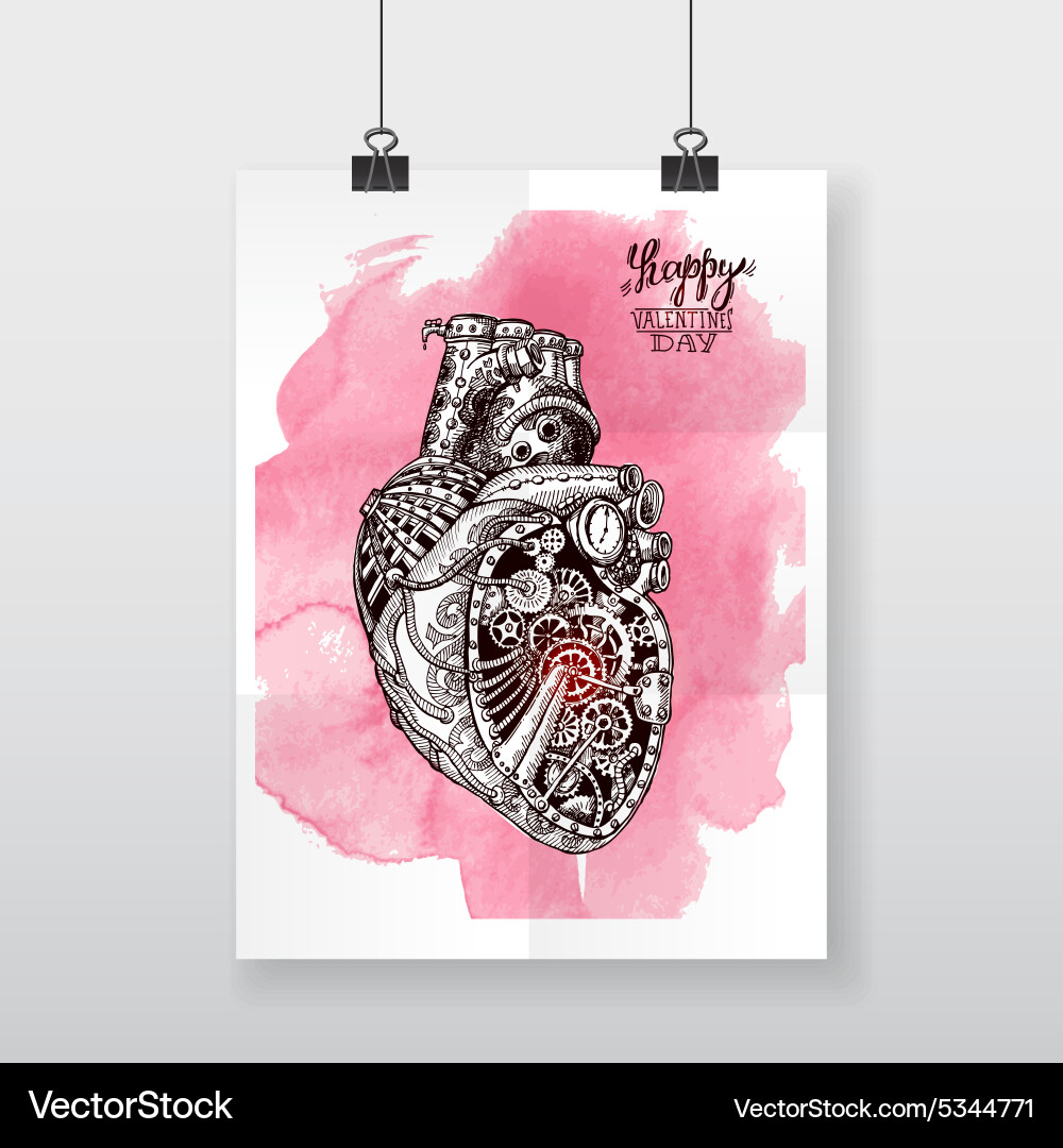 Beautiful hand-draw poster mechanical heart Vector Image