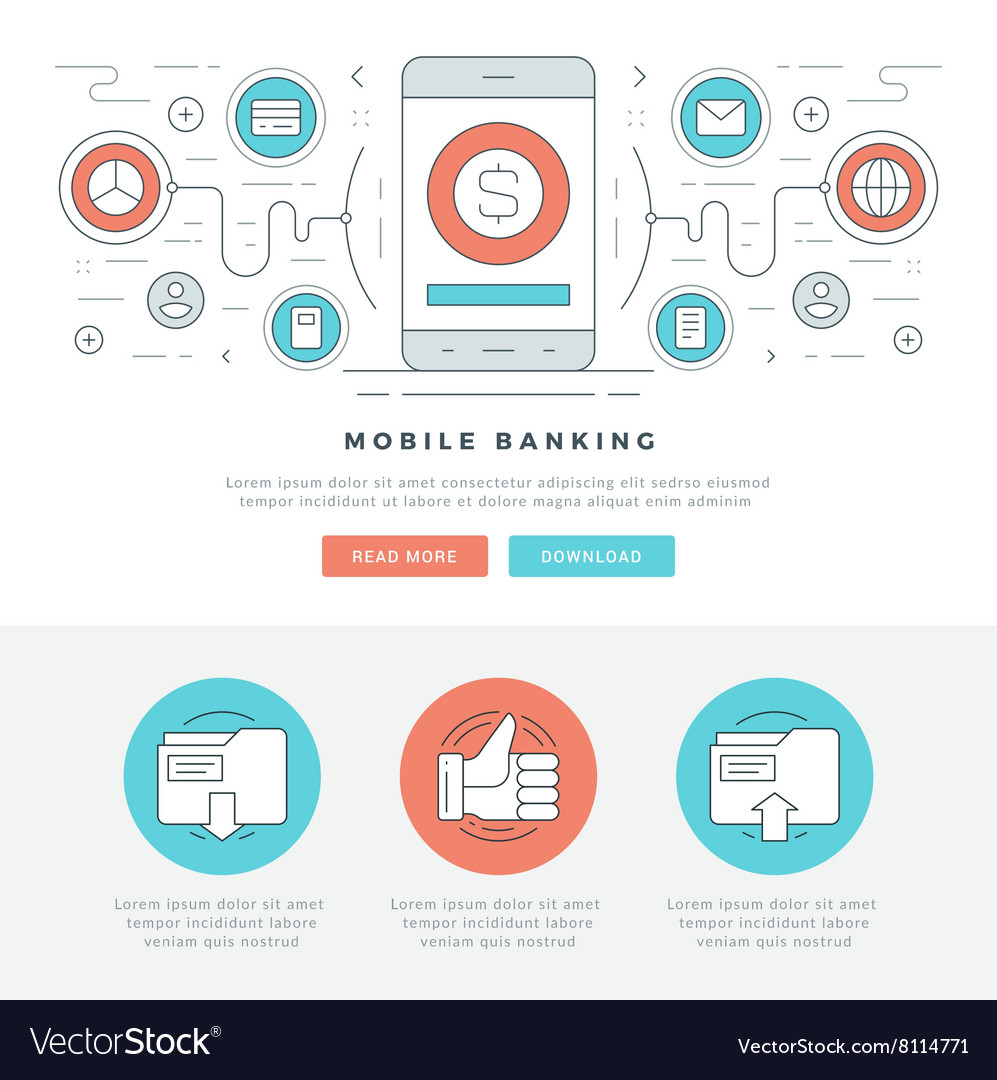 Flat line mobile payments concept Royalty Free Vector Image