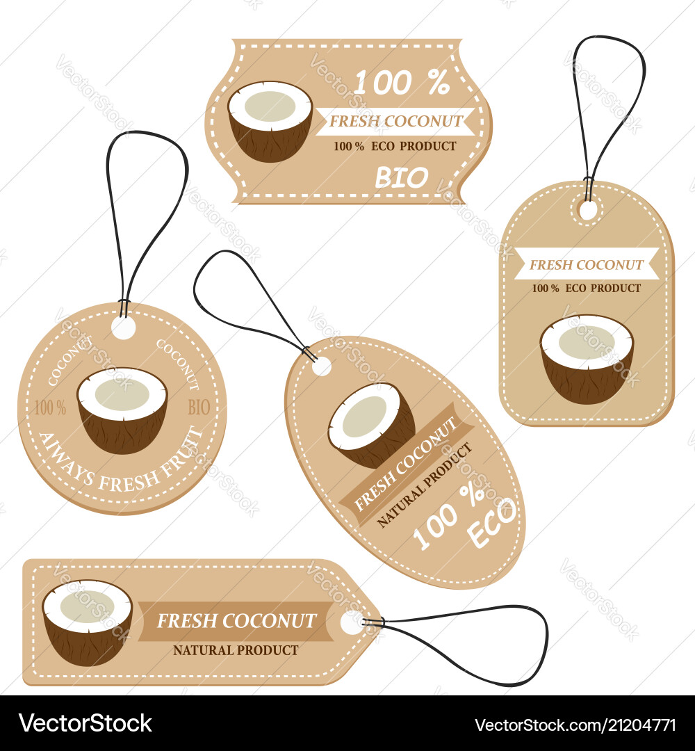 Labels with various fruitsfor coconut Royalty Free Vector