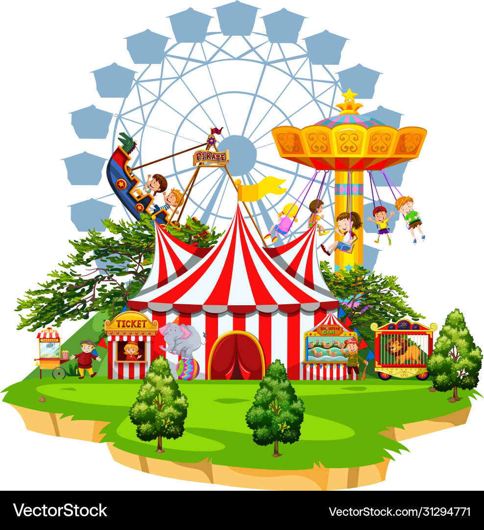 Scene with many rides in funpark on white Vector Image