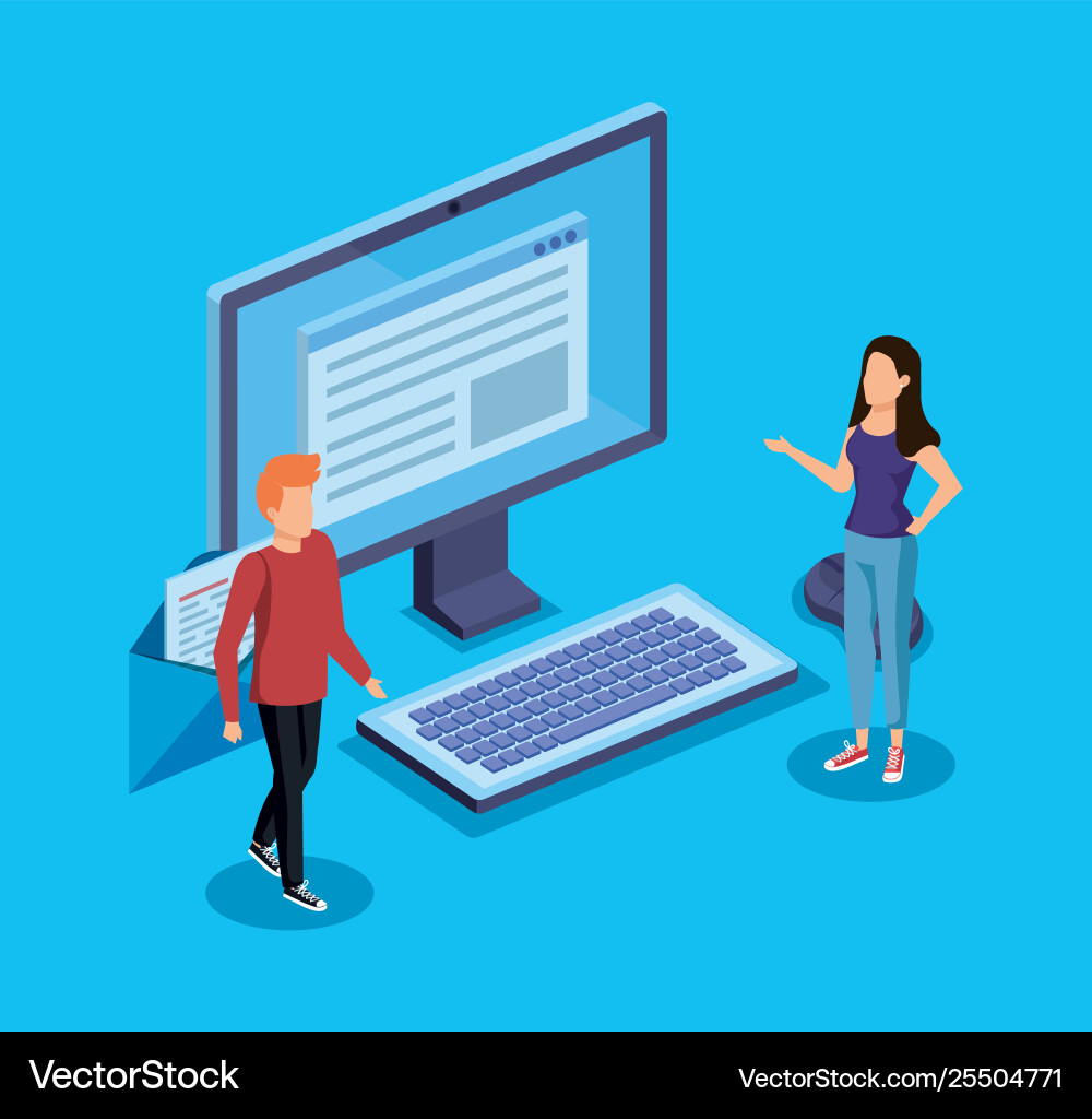 Woman and man with computer technology digital Vector Image