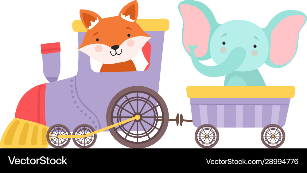 Cheerful red cheeked elephant and fox driving toy Vector Image