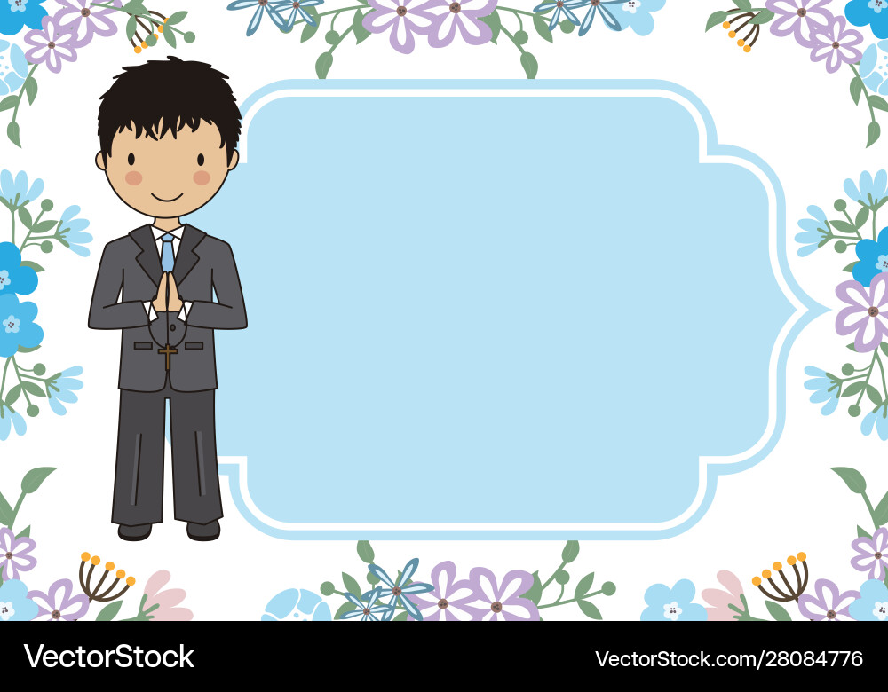 Communion card boy praying with flowers background