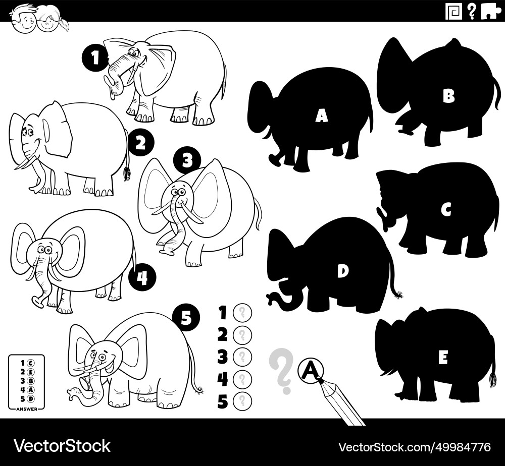 Shadows game with cartoon elephants coloring page Vector Image