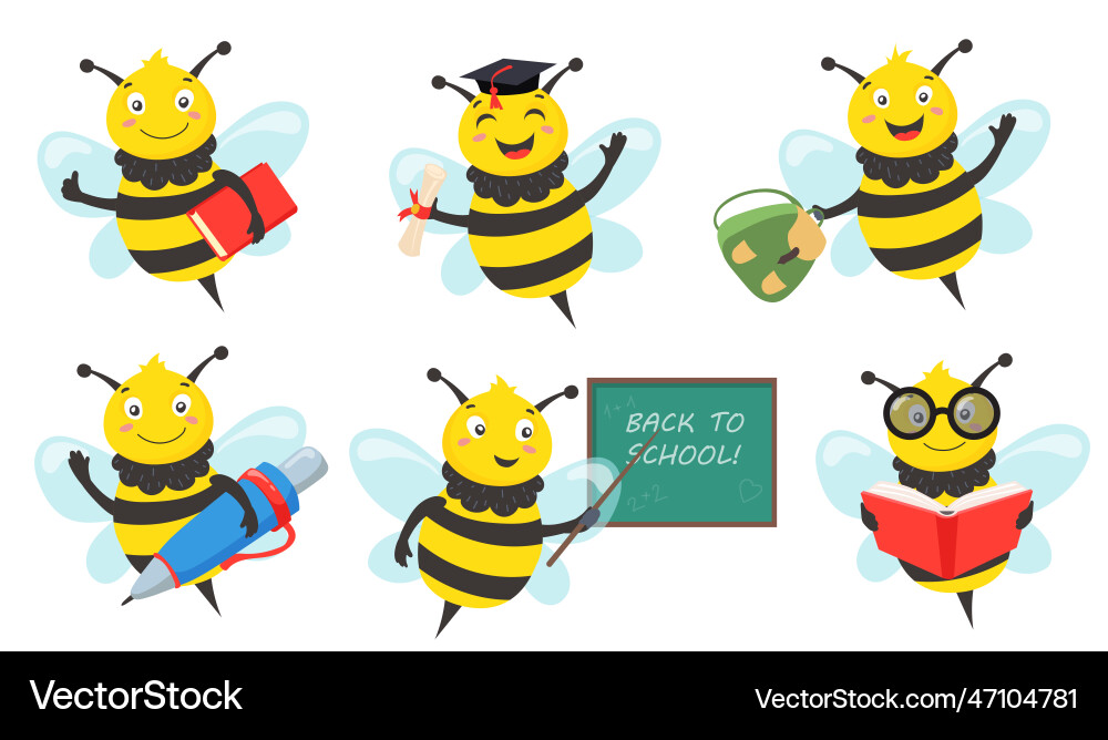 Cute bee in school flat pictures collection Vector Image