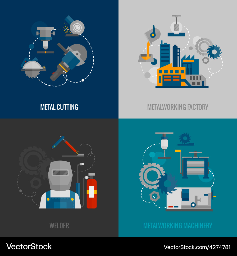 Metalworking factory 4 flat icons Royalty Free Vector Image
