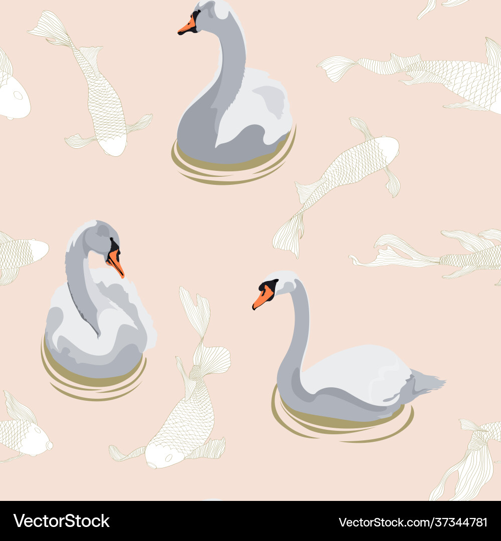Pattern with white swans and japanese koi carps Vector Image