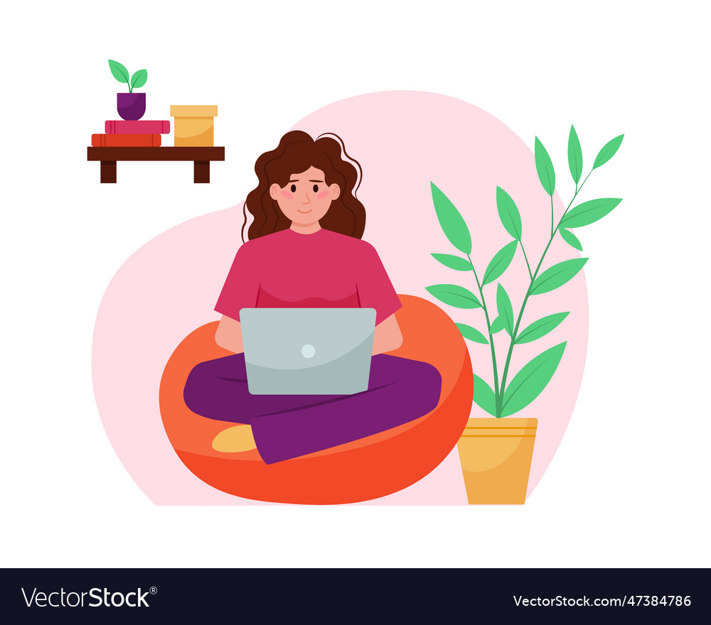 Curly flat woman freelancer working on laptop Vector Image