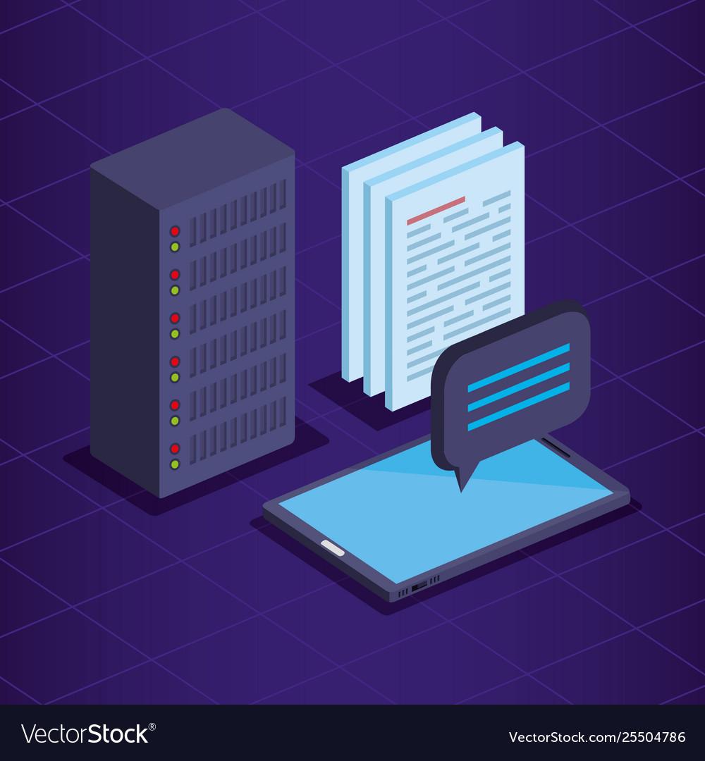 Hard disk storage tower with documents Royalty Free Vector