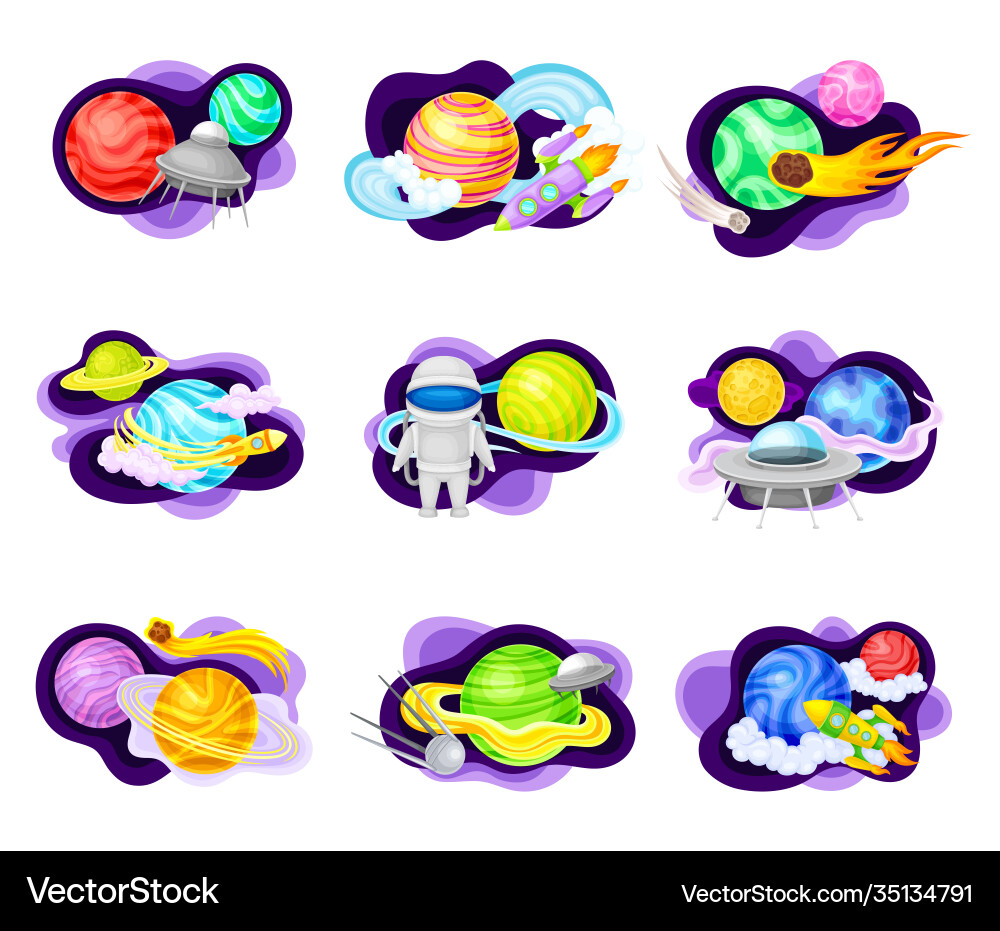 Cosmos with celestial body and flying spaceship Vector Image