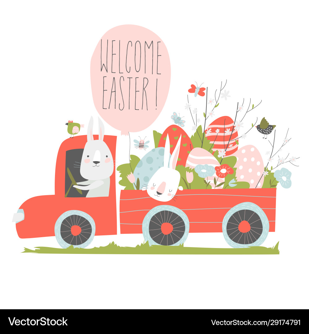 Cute cartoon bunny driving a car with easter eggs Vector Image