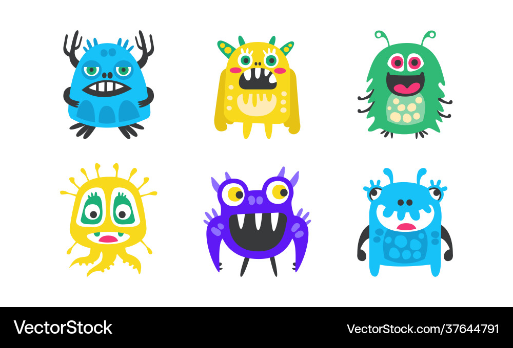 Cute cartoon monsters with smiling faces and funky