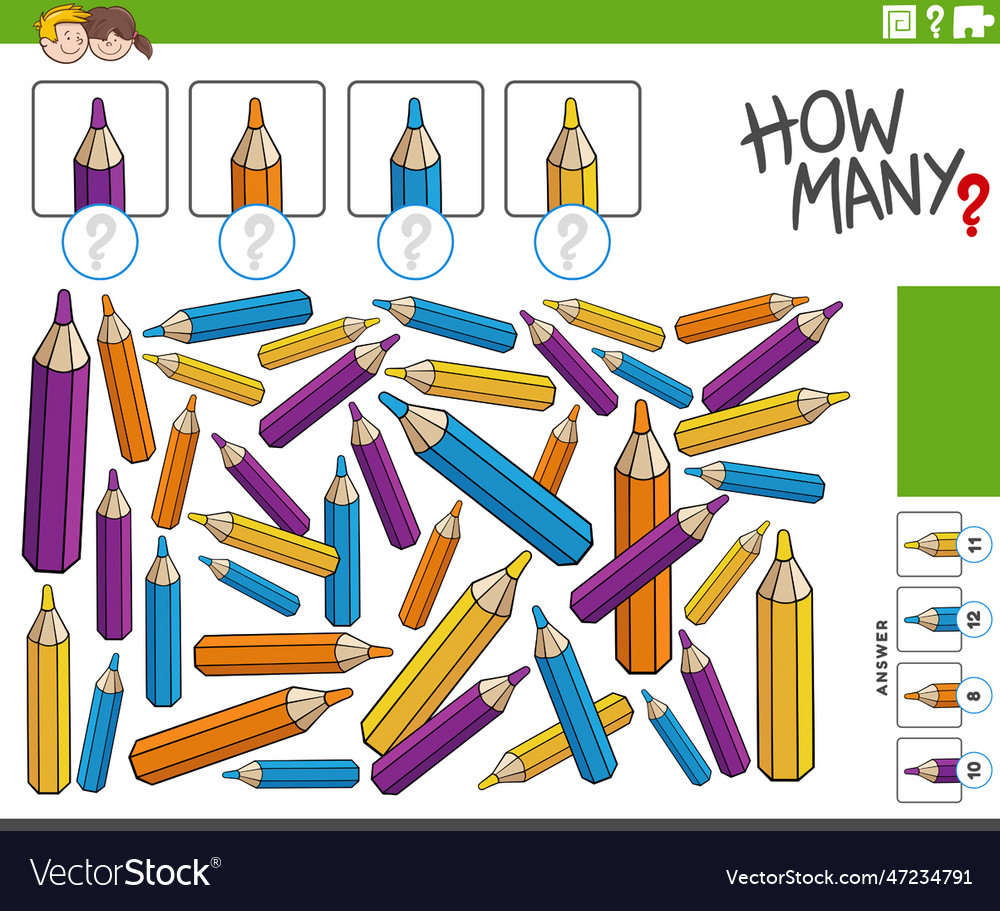 How many cartoon pencil crayons counting activity Vector Image