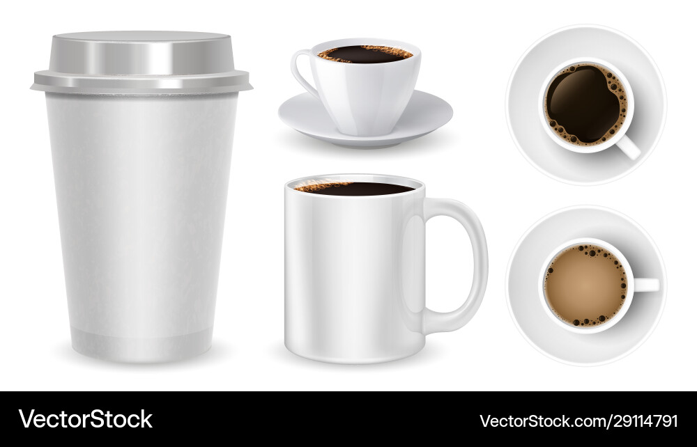 Realistic coffee cups top view mug cup take away Vector Image