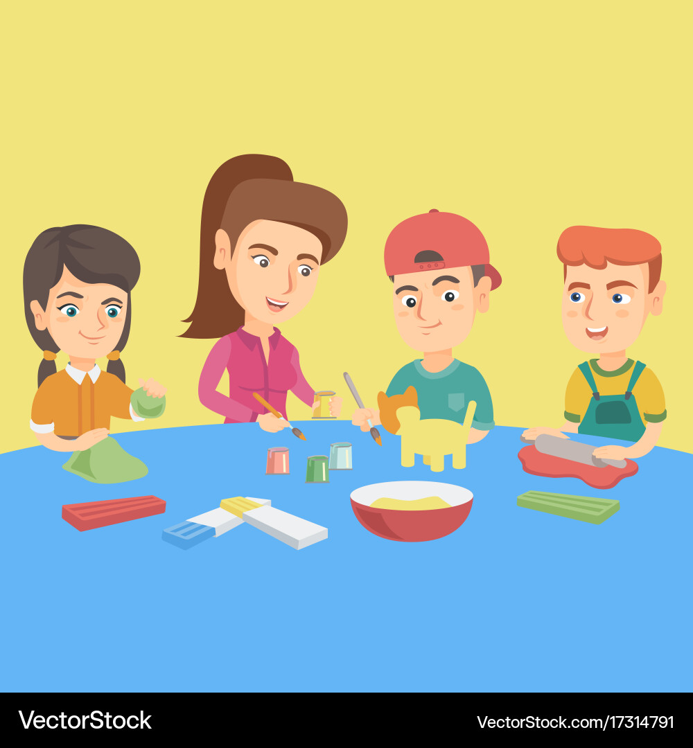 Teacher making plasticine figures with children Vector Image