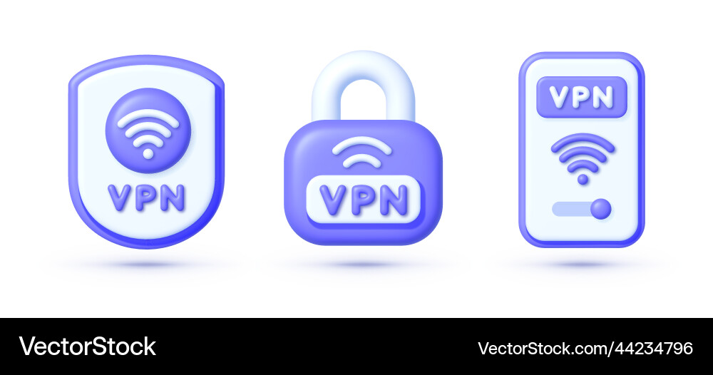 Set vpn icons in 3d style vpn shield and lock Vector Image