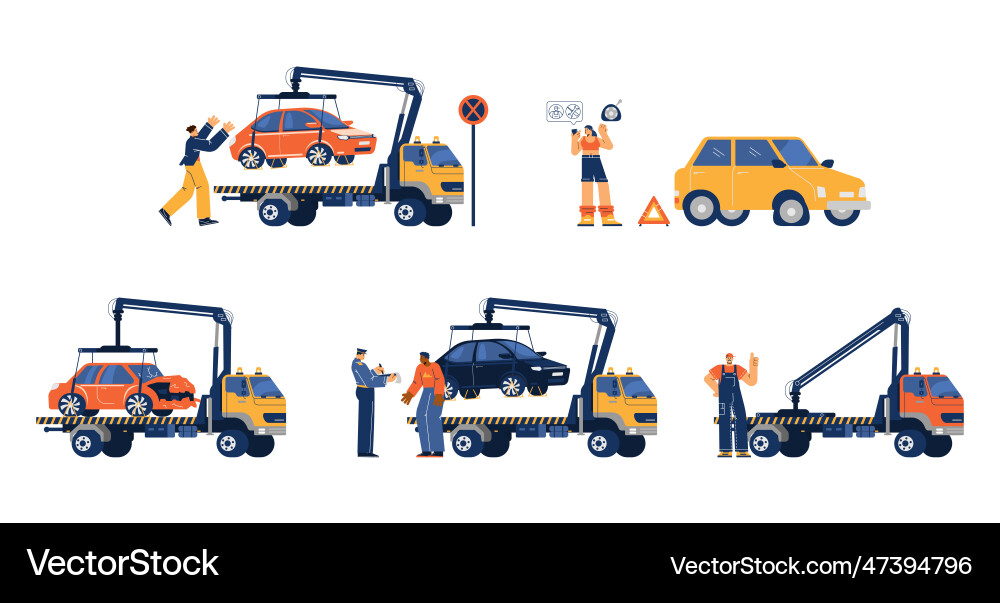 Tow truck or wrecker set flat Royalty Free Vector Image
