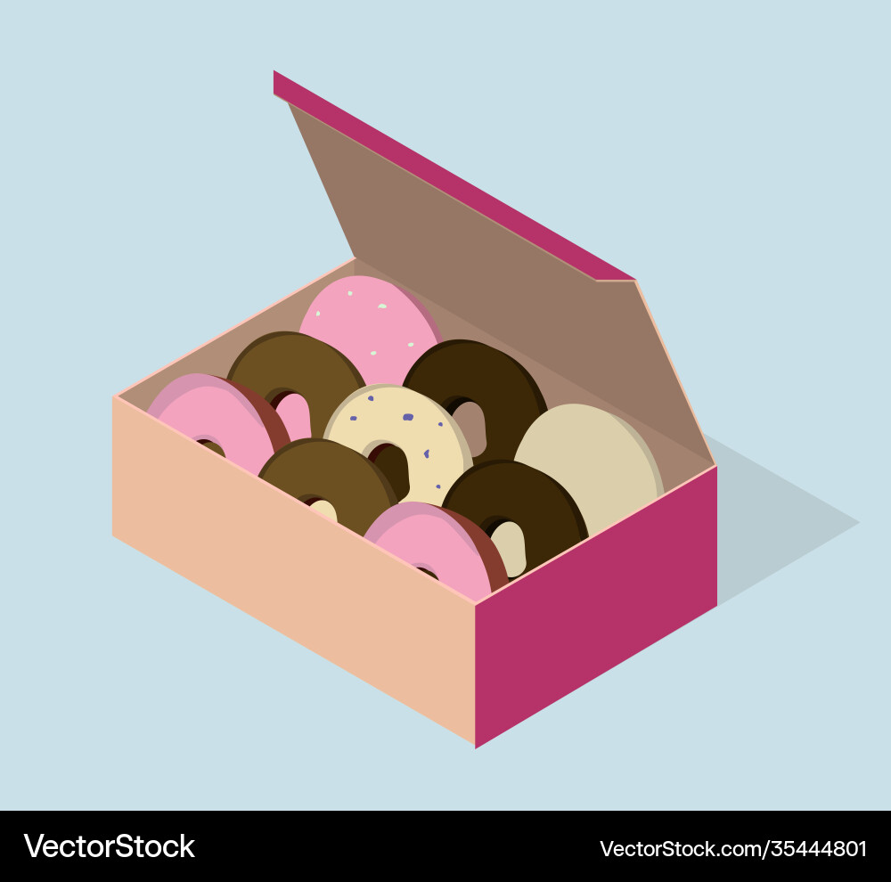 Isometric box with different donuts Royalty Free Vector