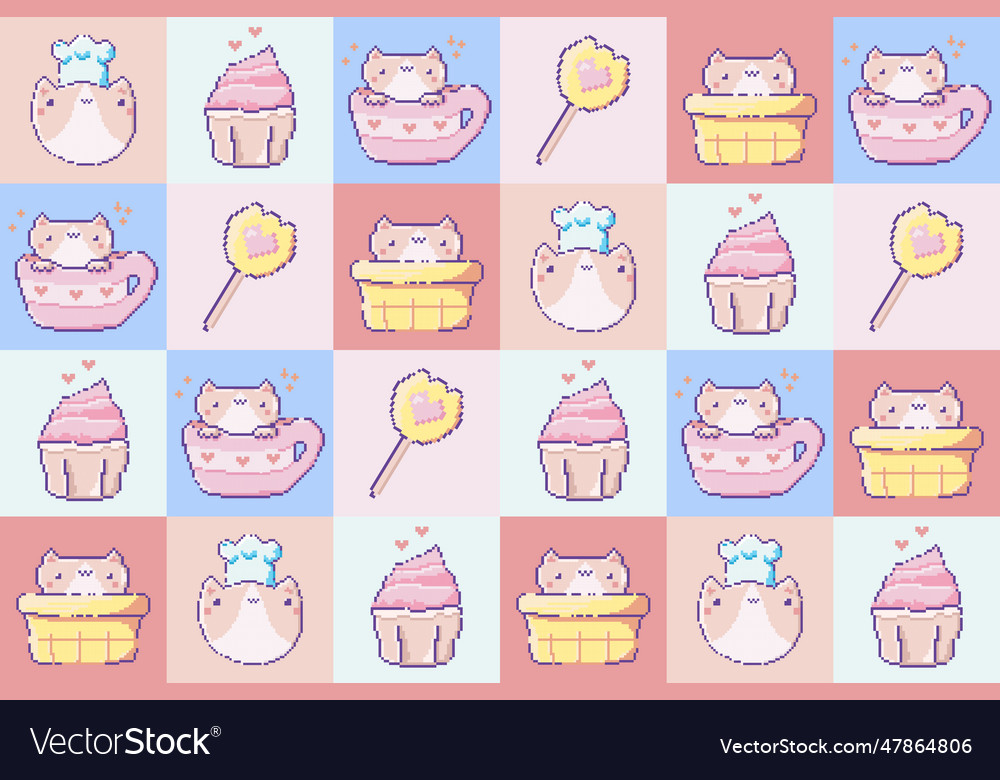 Cute cats pattern in pixel art style Royalty Free Vector