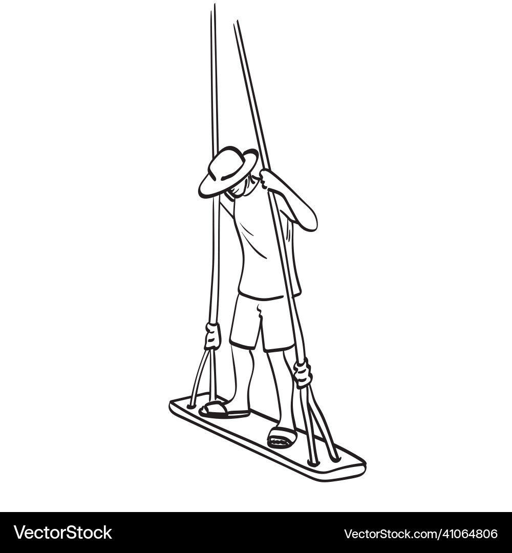 Man standing on wooden swing hand drawn Royalty Free Vector