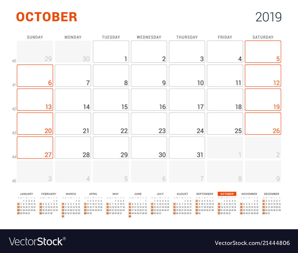 October 2019 calendar planner for 2019 year Vector Image
