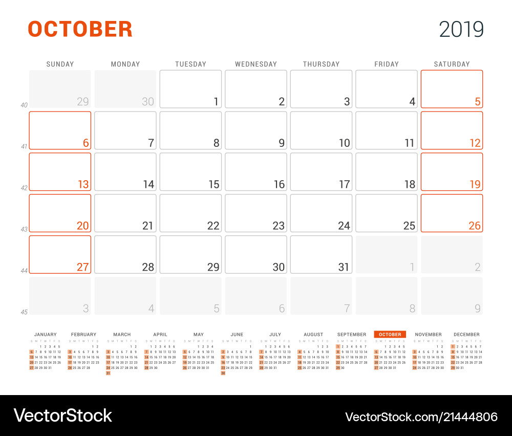 October 2019 calendar planner for year Royalty Free Vector