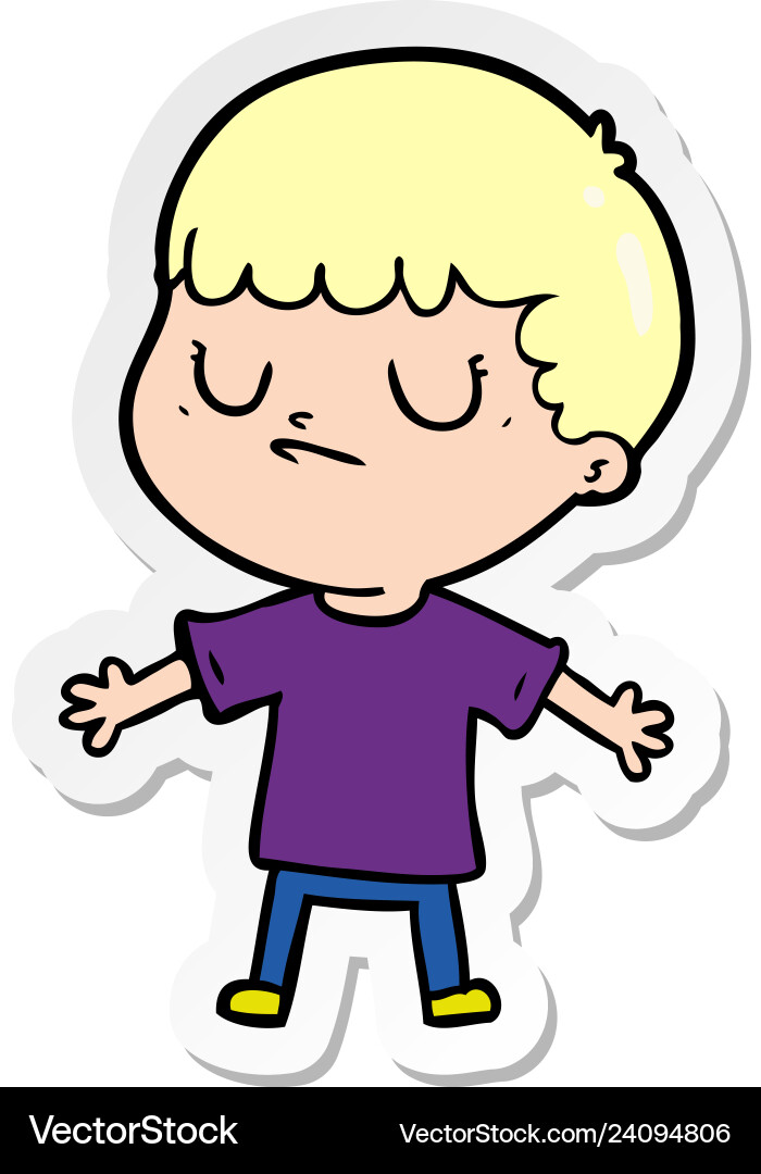 Sticker of a cartoon grumpy boy Royalty Free Vector Image