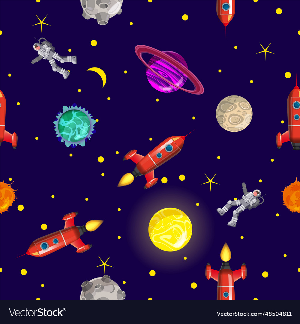 Seamless pattern space planets rockets and stars Vector Image