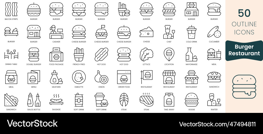 Set of burger restaurant icons thin linear style Vector Image