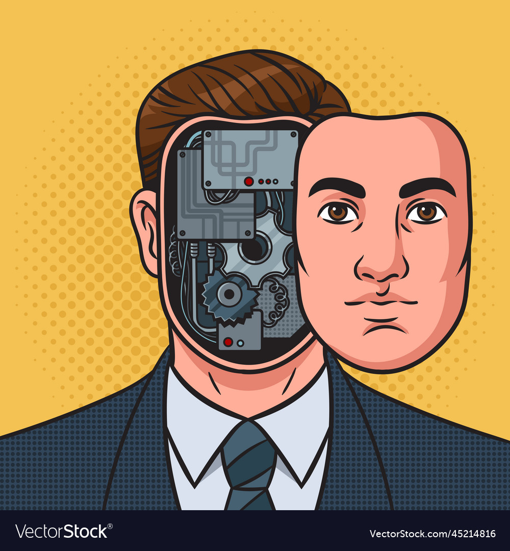 Cyborg Businessman Face Pinup Pop Art Royalty Free Vector 