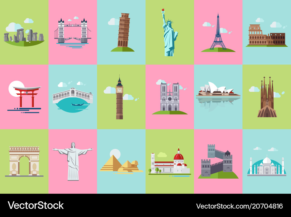 Famous architectural landmarks icons set popular Vector Image