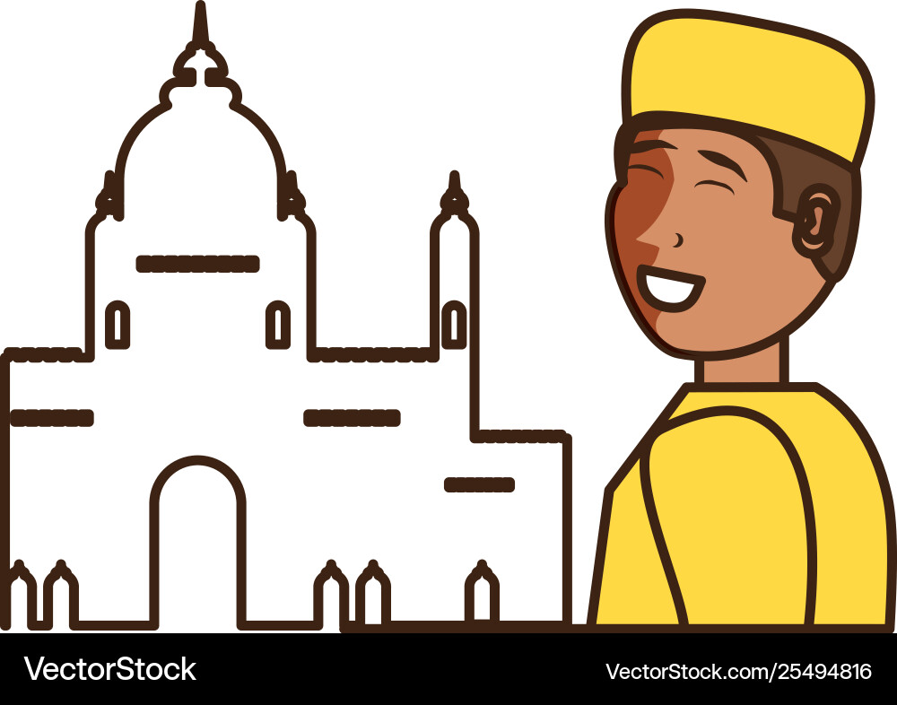 Islamic little boy with mosque building Royalty Free Vector