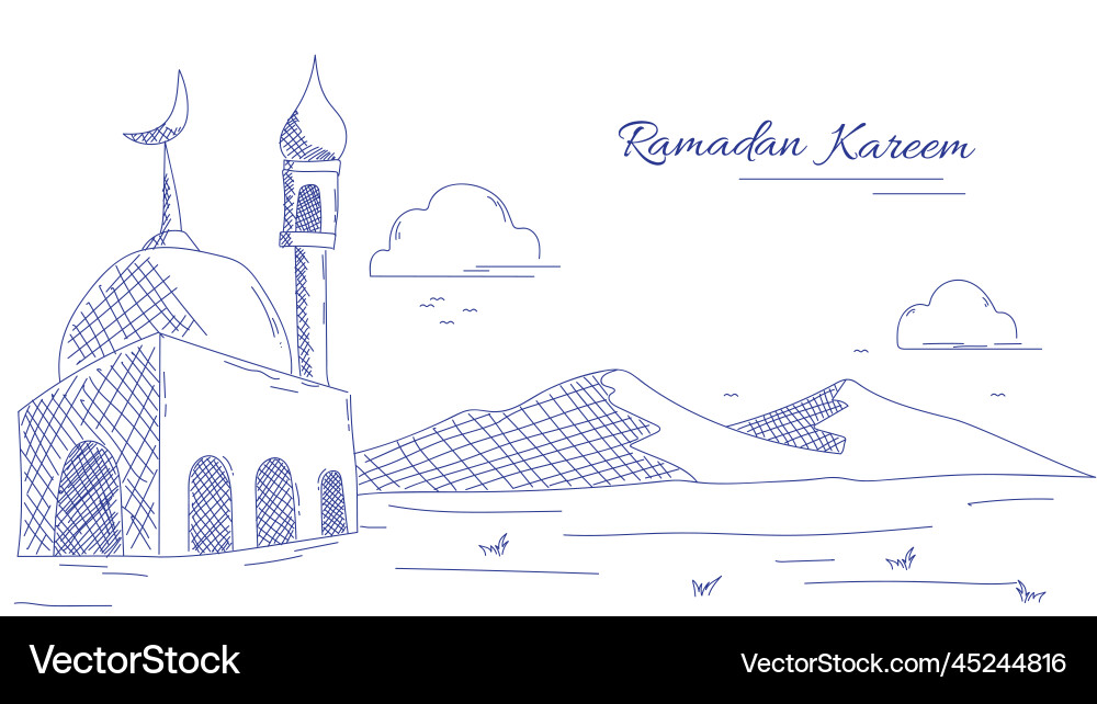 Mosque and mountain sketch for ramadan kareem Vector Image