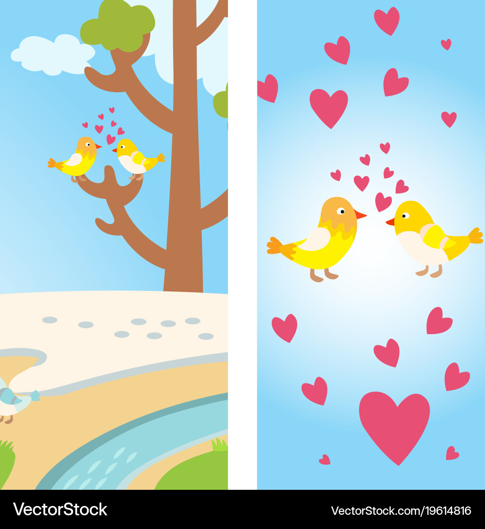 Two lovely birds spring card with tree and couple Vector Image