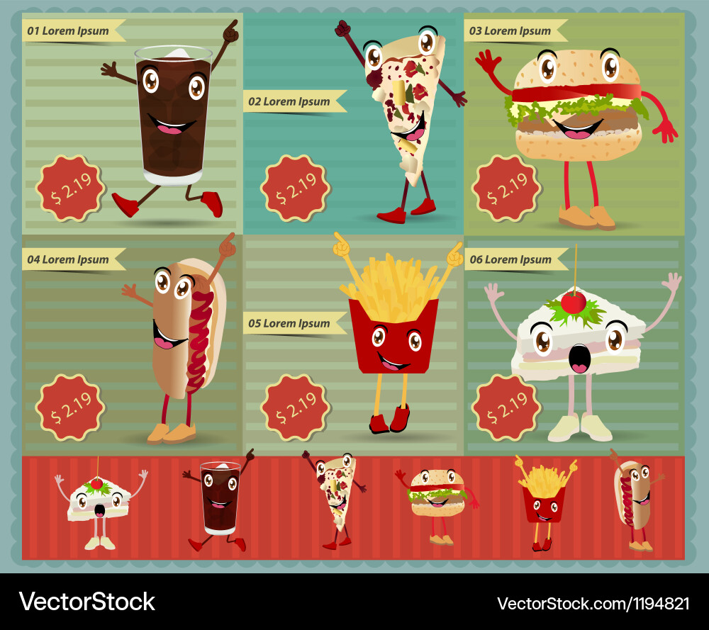 Set retro fast food menu funny cartoon Royalty Free Vector