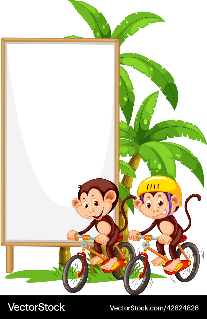 Blank wooden signboard with monkey catoon Vector Image