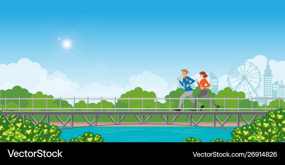 Couple running on bridge green natural Royalty Free Vector