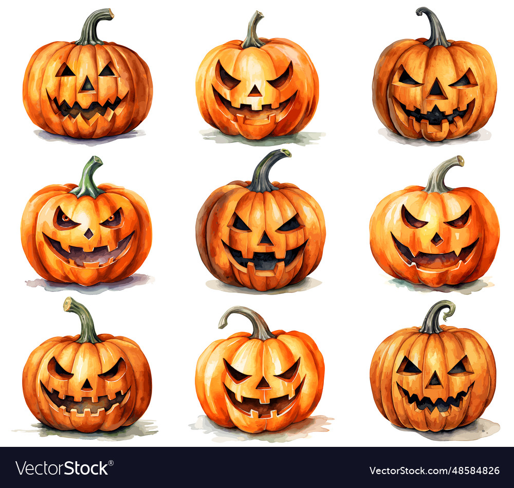 Halloween pumpkins watercolor clip art Royalty Free Vector