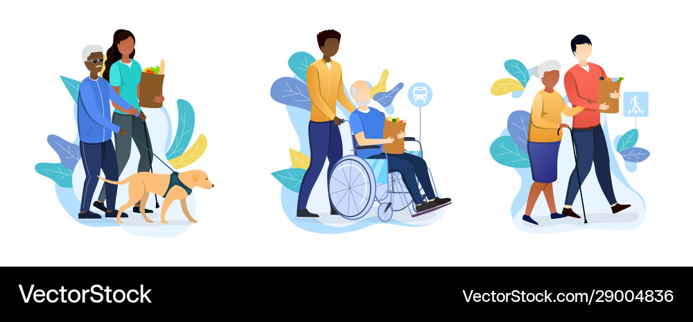 Three designs depicting old age care for retirees Vector Image