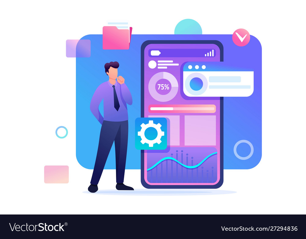 Young man is developing a mobile application Vector Image