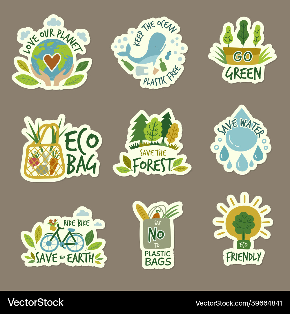 Ecology stickers with green planets eco Royalty Free Vector