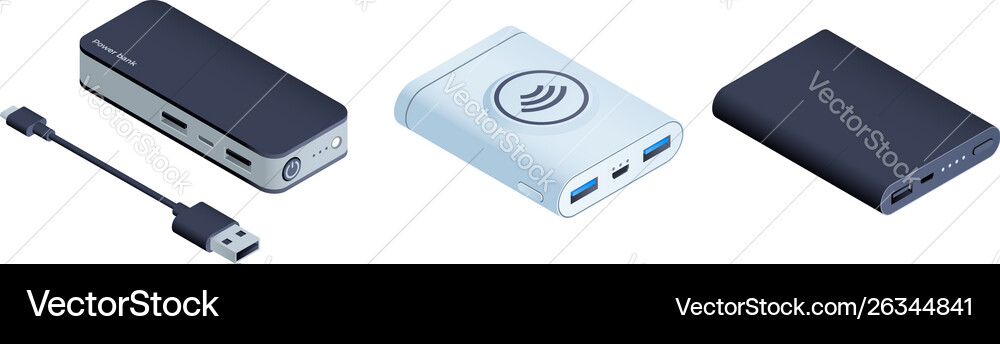 Power bank icons set isometric style Royalty Free Vector