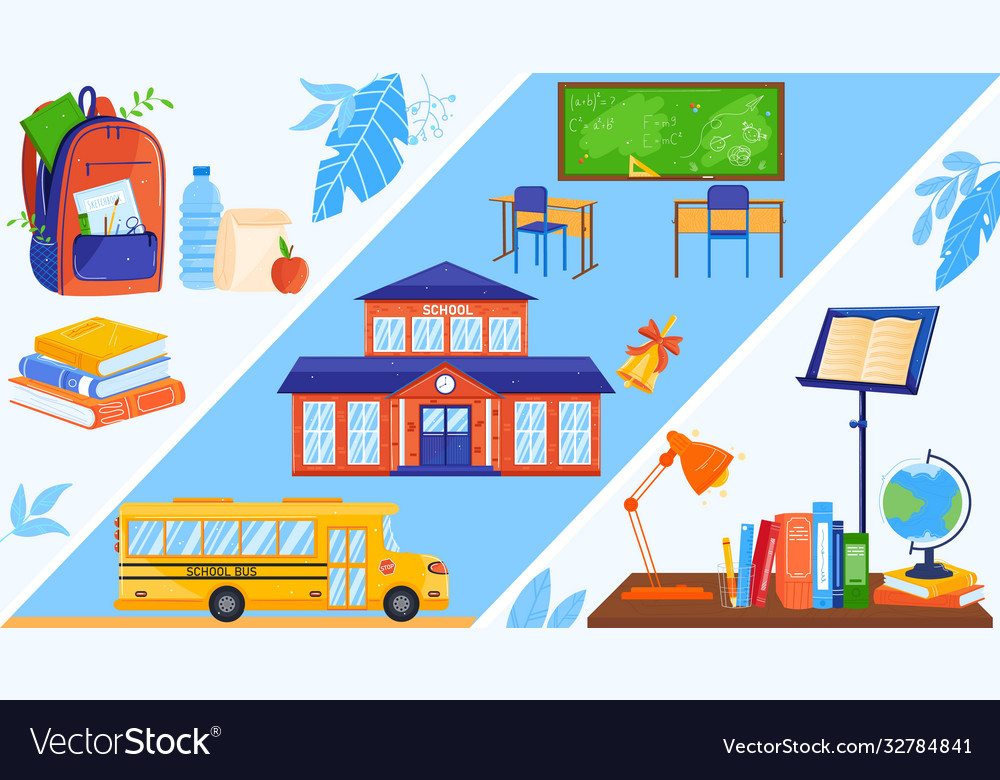 School objects set cartoon Royalty Free Vector Image