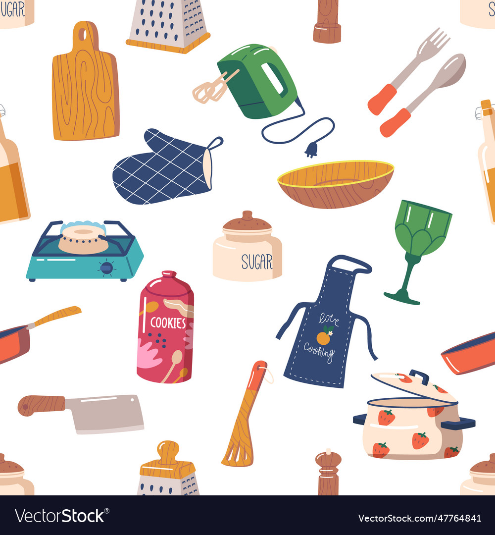Seamless pattern featuring various kitchenware Vector Image