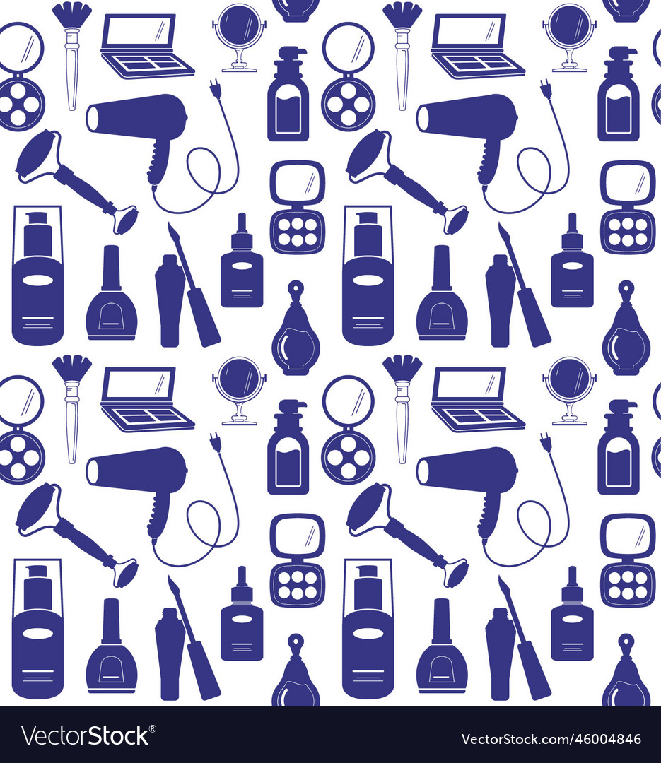 Blue complete makeup tools pattern Royalty Free Vector Image
